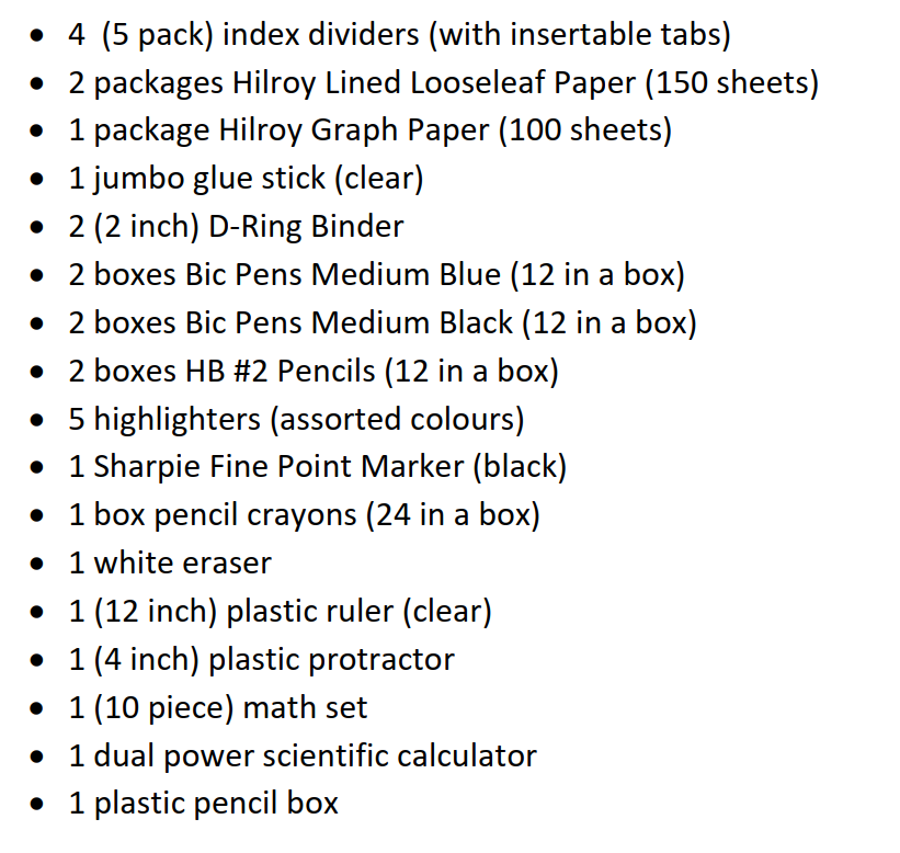 School Supplies - Dr. Roy Wilson Learning Centre