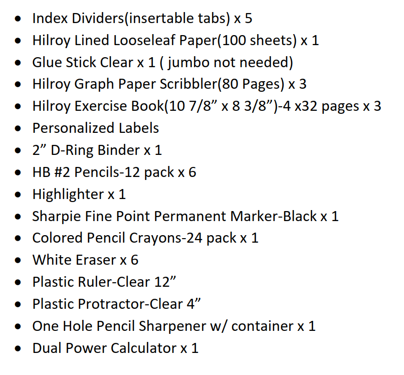 School Supplies - Dr. Roy Wilson Learning Centre